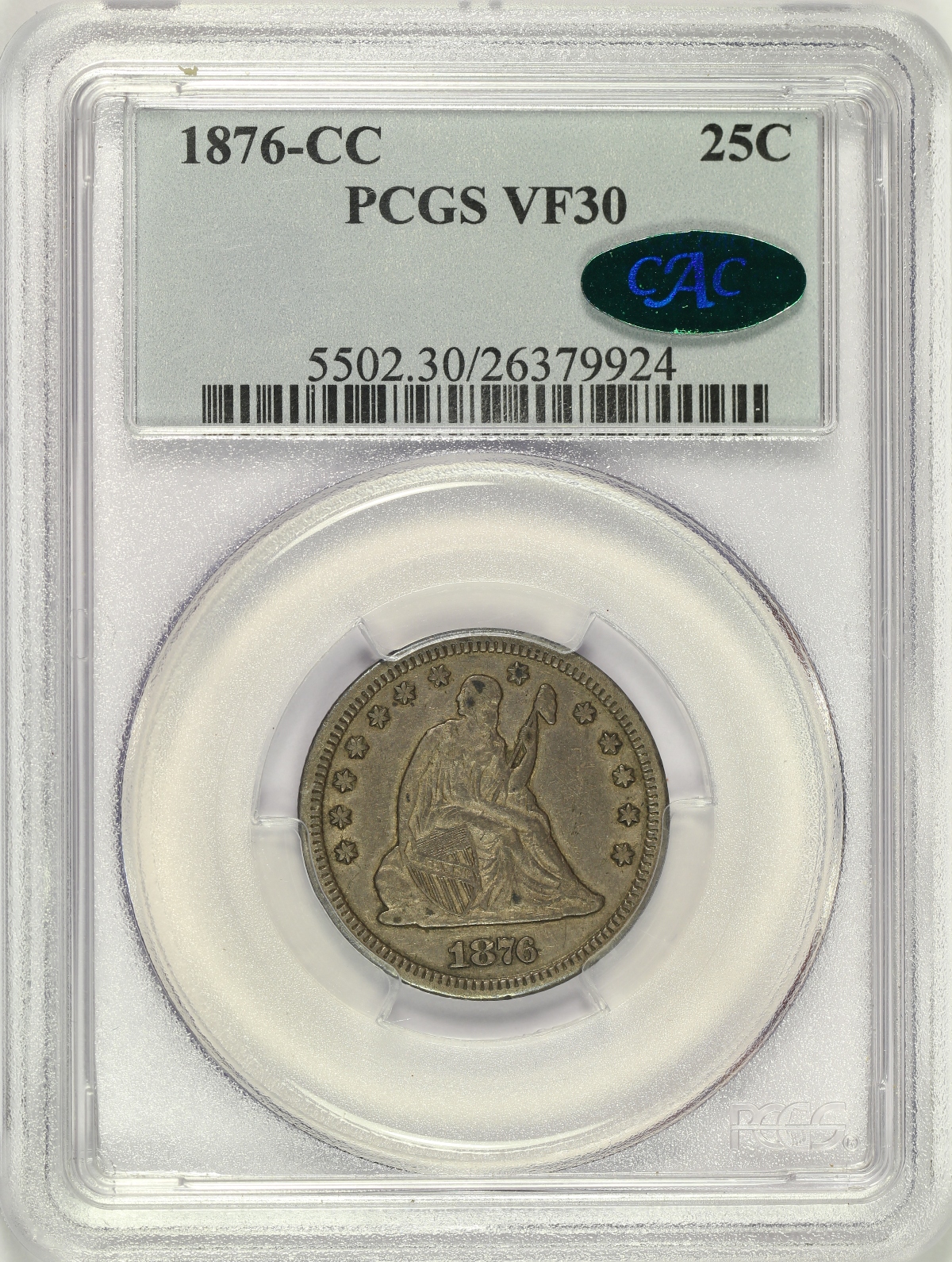 Michael Kittle Rare Coins - 1876-CC Seated Liberty Quarter PCGS VF30 CAC